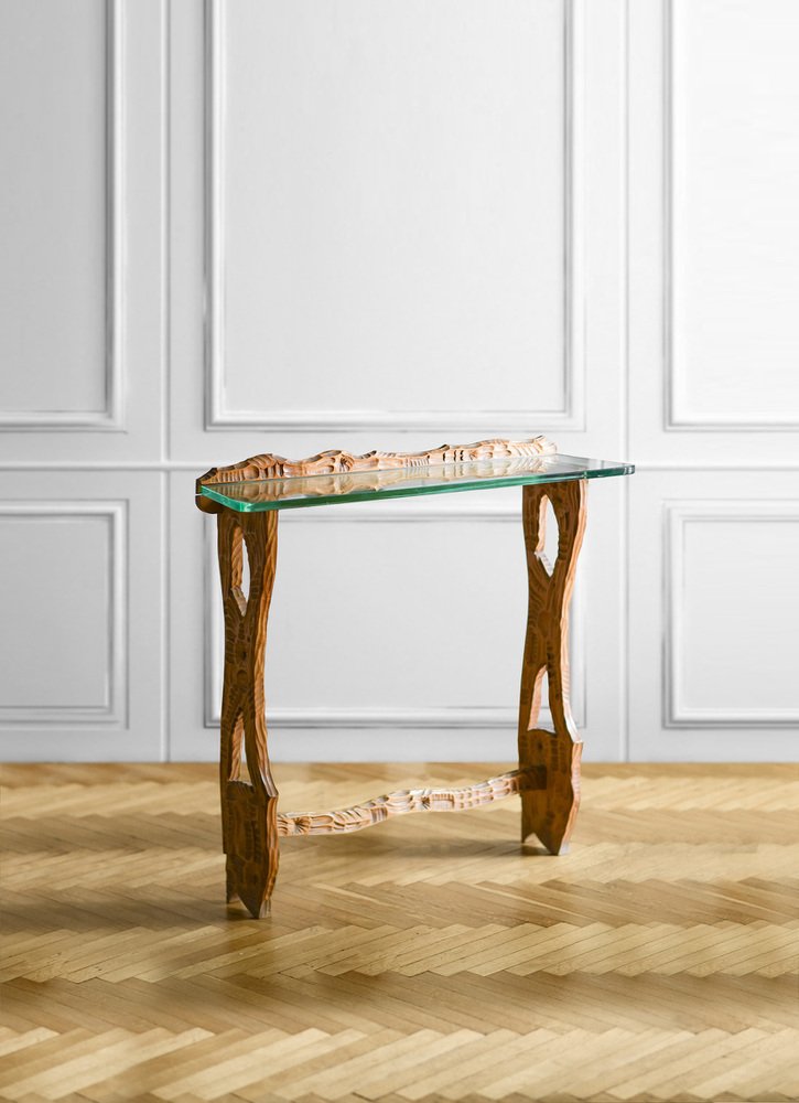 Crystal & Sculpted Wooden Wall Console, 1960s for sale at Pamono