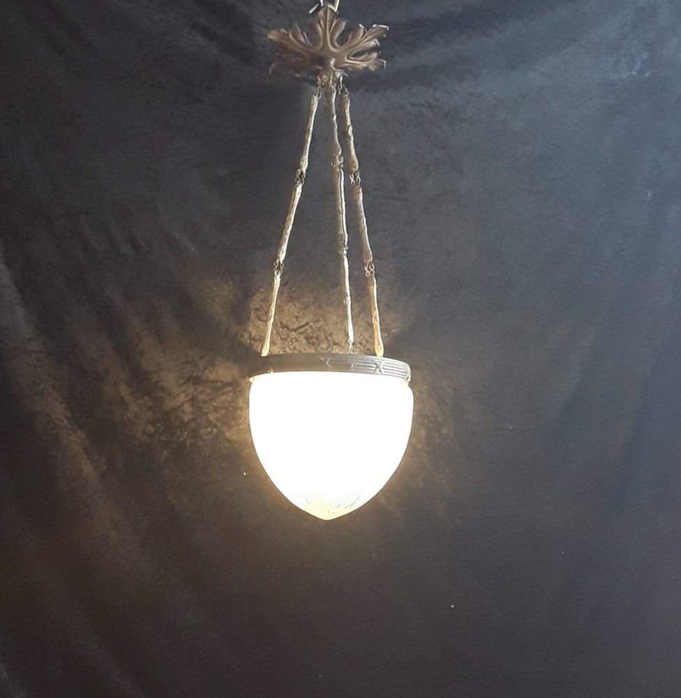 Antique Ceiling Lamp with Brass Mount and Sanded Glass Screen, 1890s ...