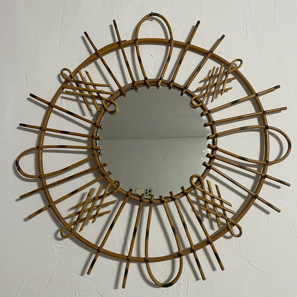 Vintage Rattan Sun Mirror, 1950s for sale at Pamono