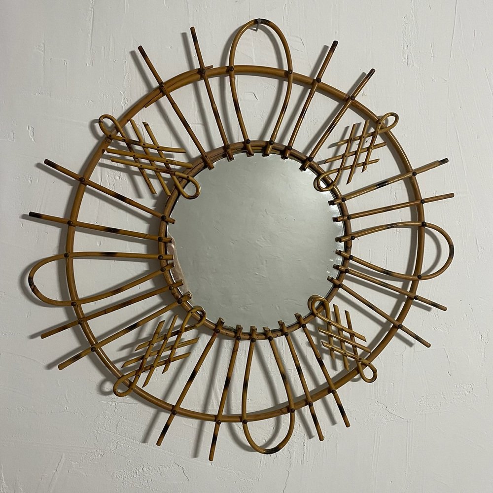 Vintage Rattan Sun Mirror, 1950s for sale at Pamono