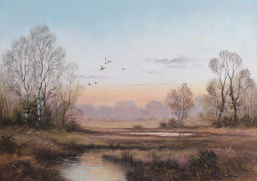 Wendy Reeves, Mallards Over Wetlands in the English Countryside, 1985 ...