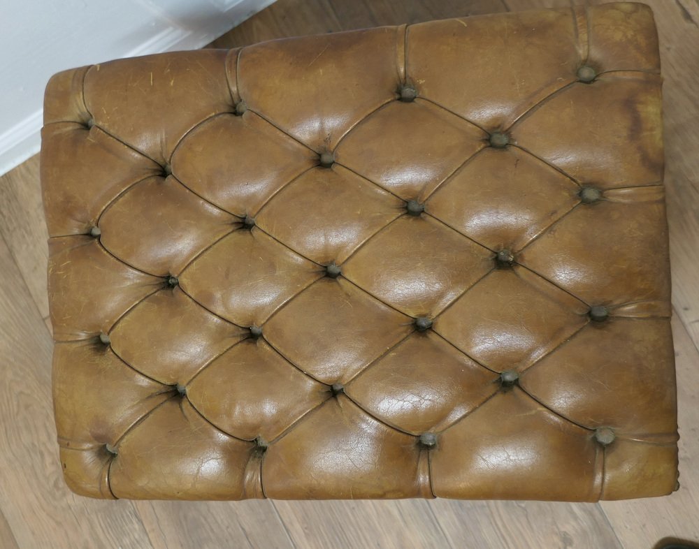Deeply Buttoned Chesterfield Tan Leather Library Stool for sale at Pamono