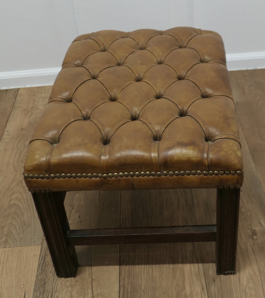 Deeply Buttoned Chesterfield Tan Leather Library Stool for sale at Pamono