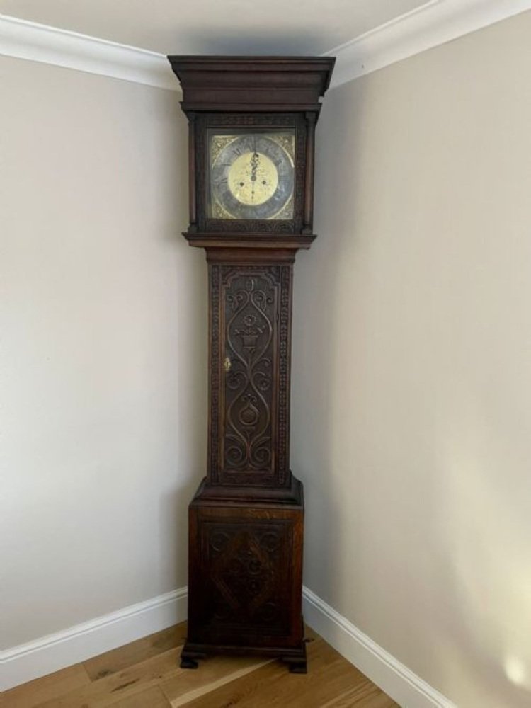 George III Carved Oak Brass Face Longcase Clock for sale at Pamono