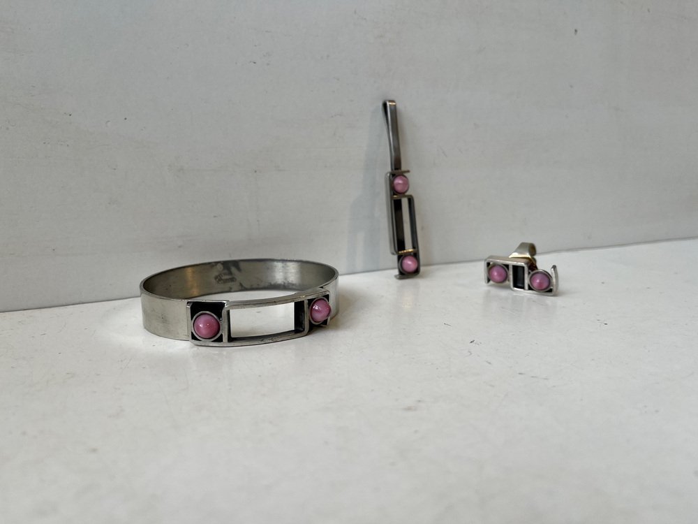 Moderner Dänischer Ring & Anhänger & Armring aus Zinn & Rosa Steinen ...