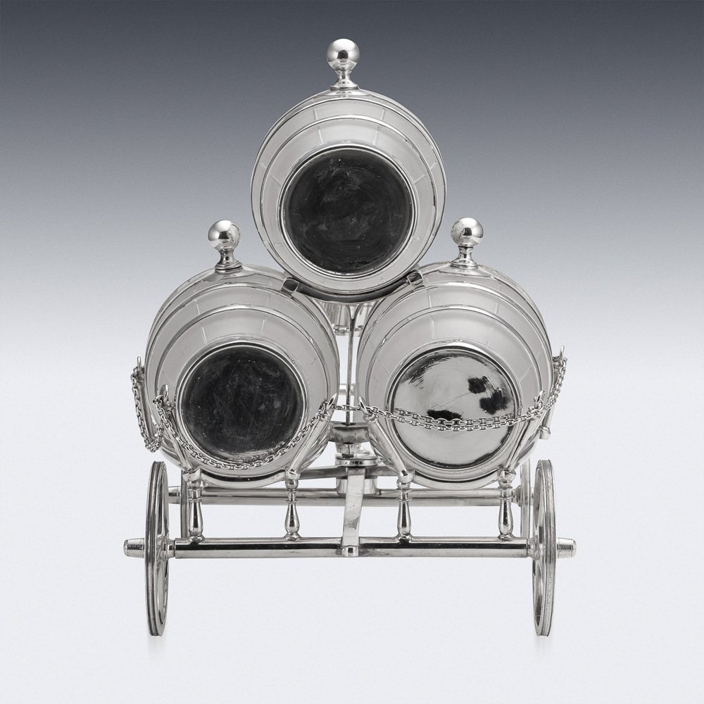 Antique Victorian Frosted Glass and Silver Plated Spirit Barrel Cart ...