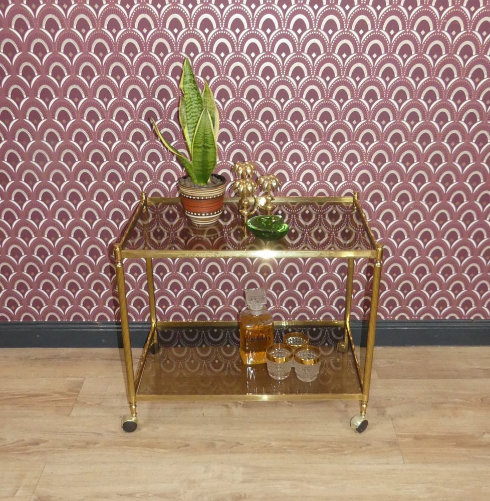 Brass & Glass Side Table on Wheels, 1970s for sale at Pamono