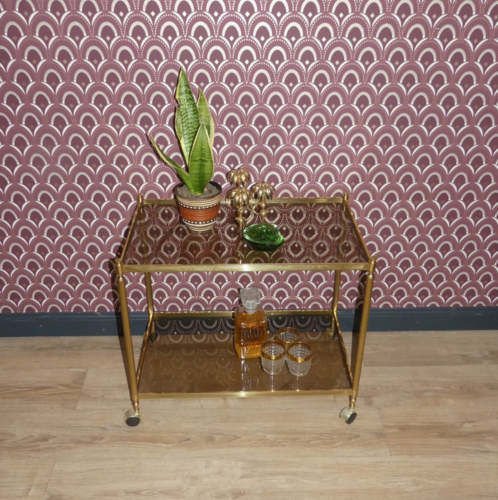 Brass & Glass Side Table on Wheels, 1970s for sale at Pamono