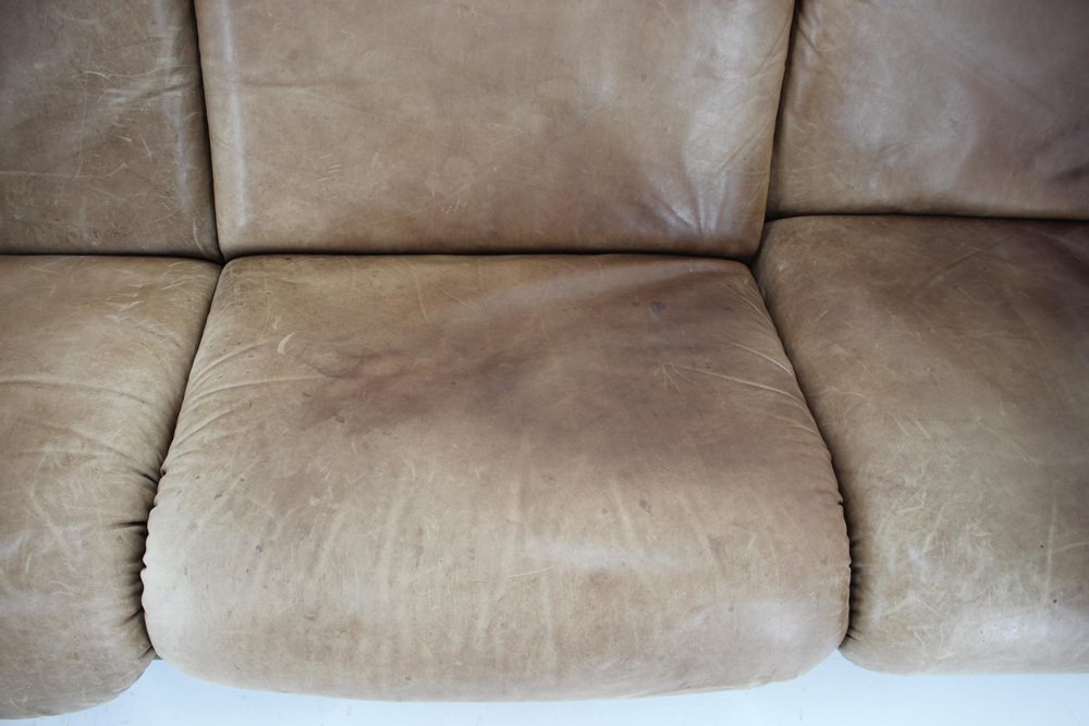 Brutalist Dutch Oak and Leather 3 Seater Sofa, 1970s for sale at Pamono