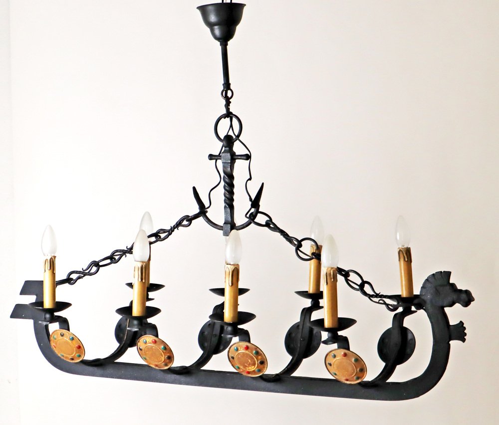 Wrought -Iron Vikinger Longboat Chandelier with Horse Head for sale at ...