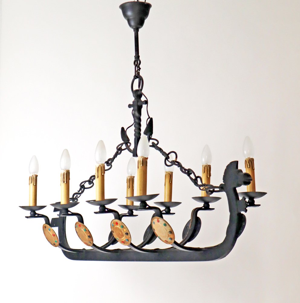 Wrought -Iron Vikinger Longboat Chandelier with Horse Head for sale at ...