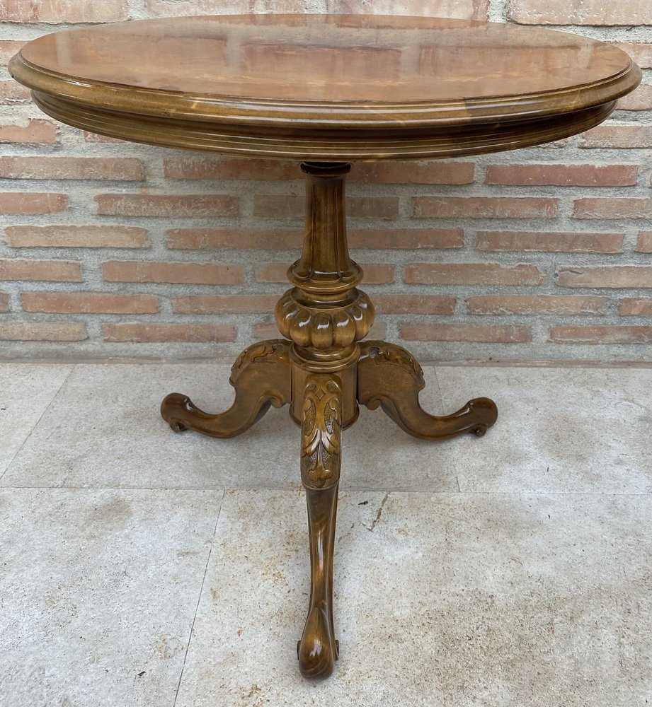 English Round Pedestal Table with Marquetry Décor and Tripod Base ...