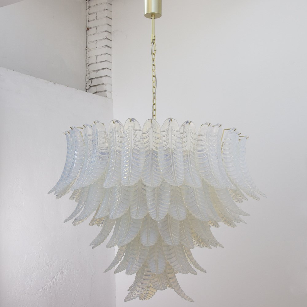 Murano Glass Leaves Opal Color Suspension Chandelier, Italy, 1990s for ...