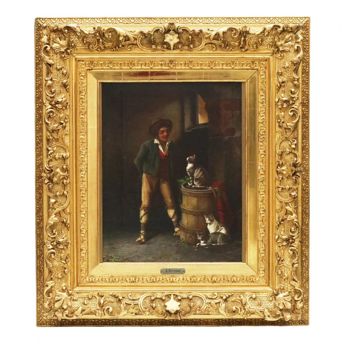 A. Rizzoni, Scena di genere con gatti, Olio su tela, con cornice in ...