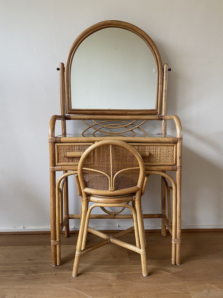 Bamboo and Rattan Vanity Set with Mirror and Stool, 1970s, Set of 2 for ...