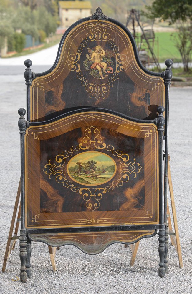 Single Bed in Wrought Iron and Sheet Metal with Putto and Landscape ...