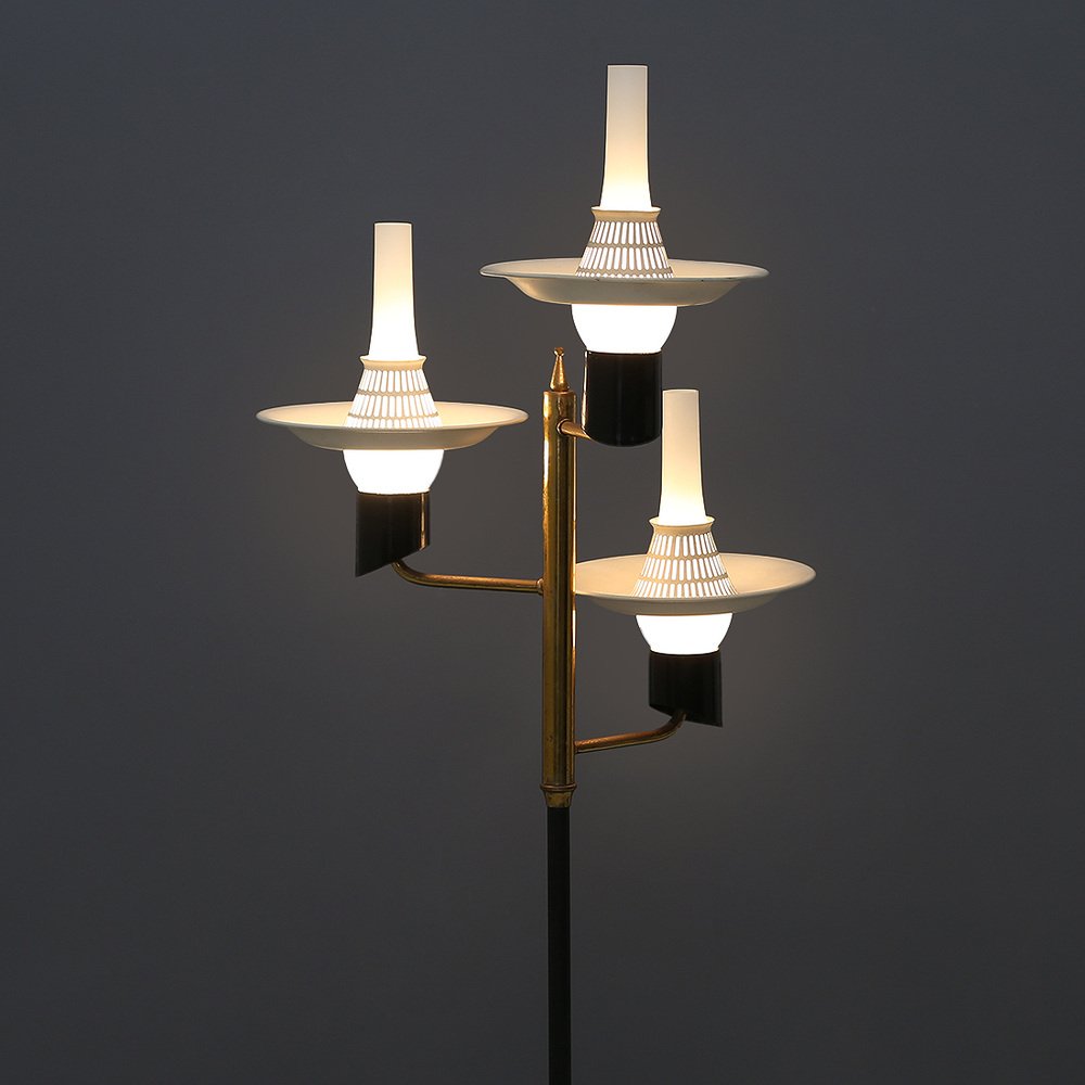 Brass Floor Lamp with Opal Glass Diffusers, 1950s for sale at Pamono