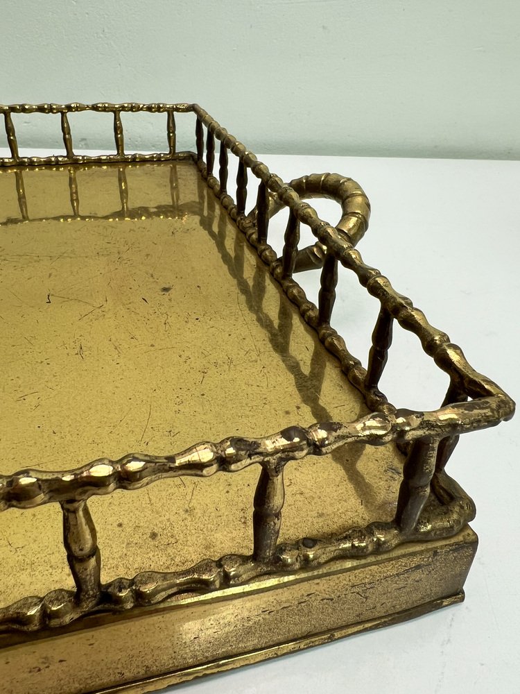 Vintage Chinoiserie Brass Faux Bamboo Serving Tray, 1970s for sale at Pamono