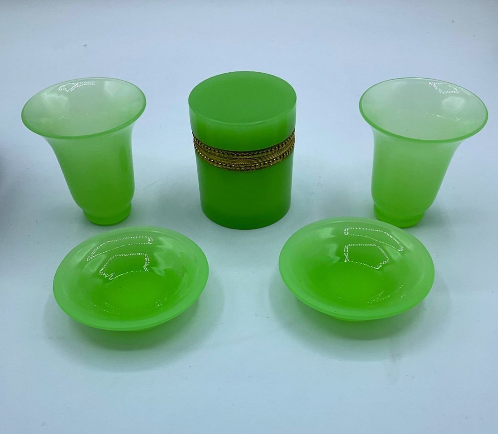 French Opaline Glass Box and Small Vases with Dishes in Lime Green, Set ...