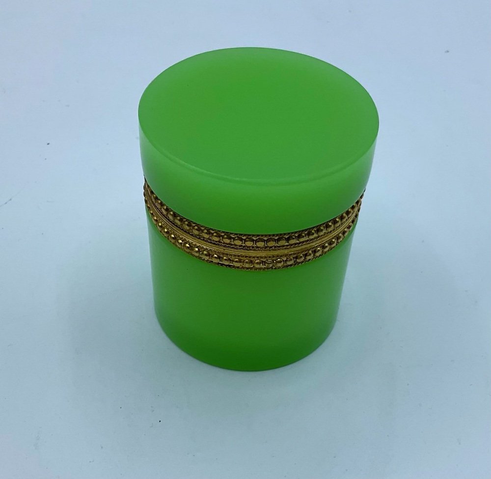 French Opaline Glass Box and Small Vases with Dishes in Lime Green, Set ...