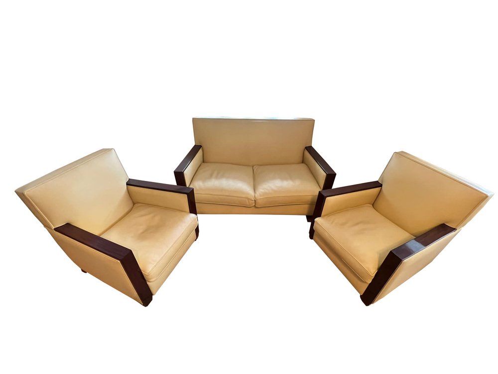 Original Art Deco Ledersofa & Sessel, 1930er, 3er Set bei Pamono kaufen