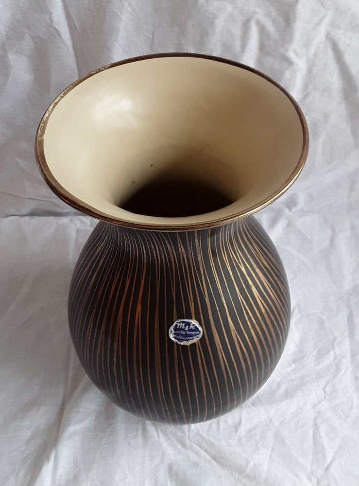 Vintage GermanCeramic Vase in Matt Black Surface with Gold Lines by Marzi & Remy, Höhr ...