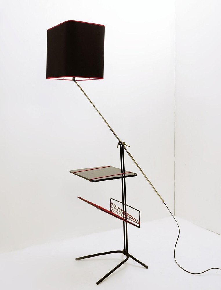 Mid-Century Modern Floor Lamp with Black Glass Table Magazine Rack ...