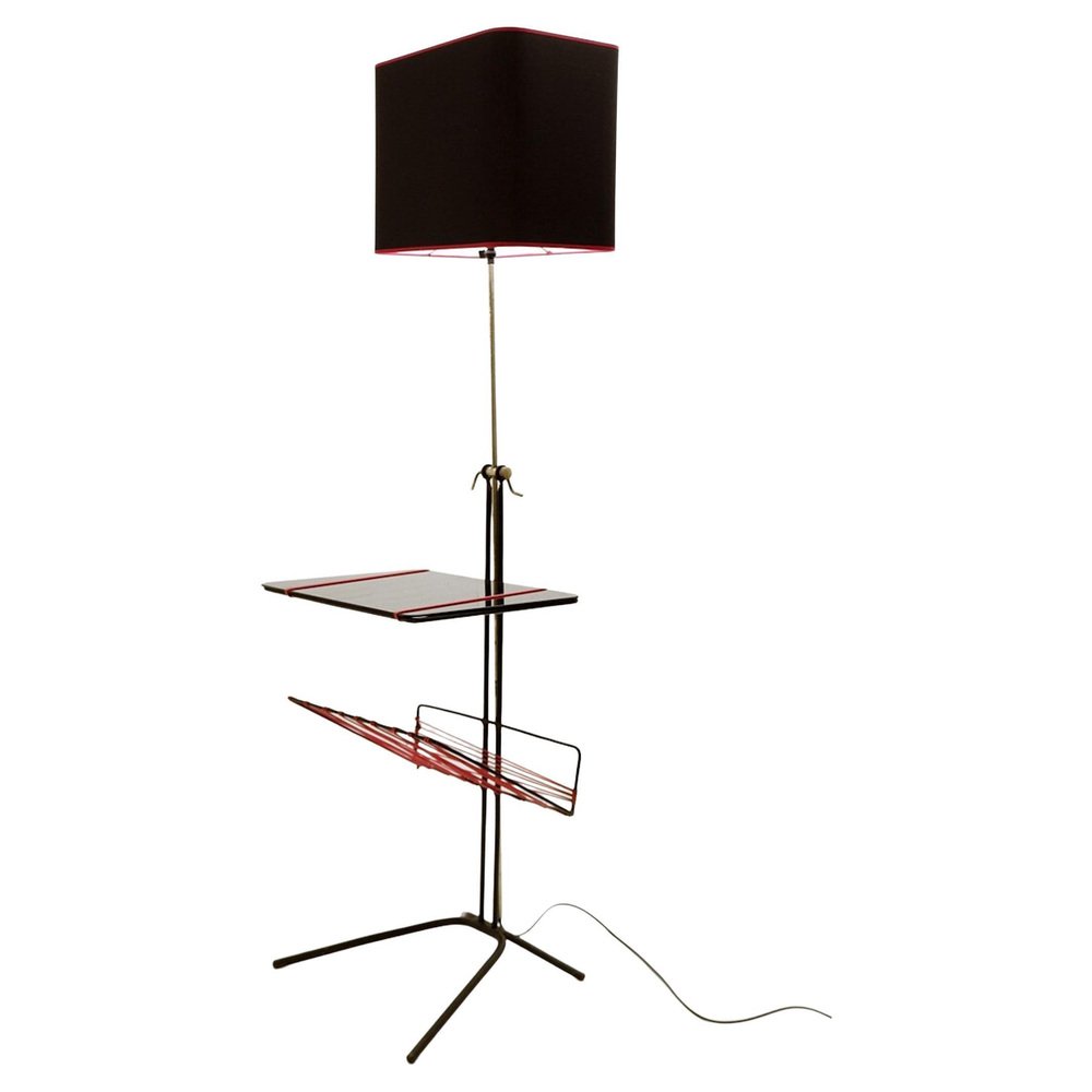 Mid-Century Modern Floor Lamp with Black Glass Table Magazine Rack ...