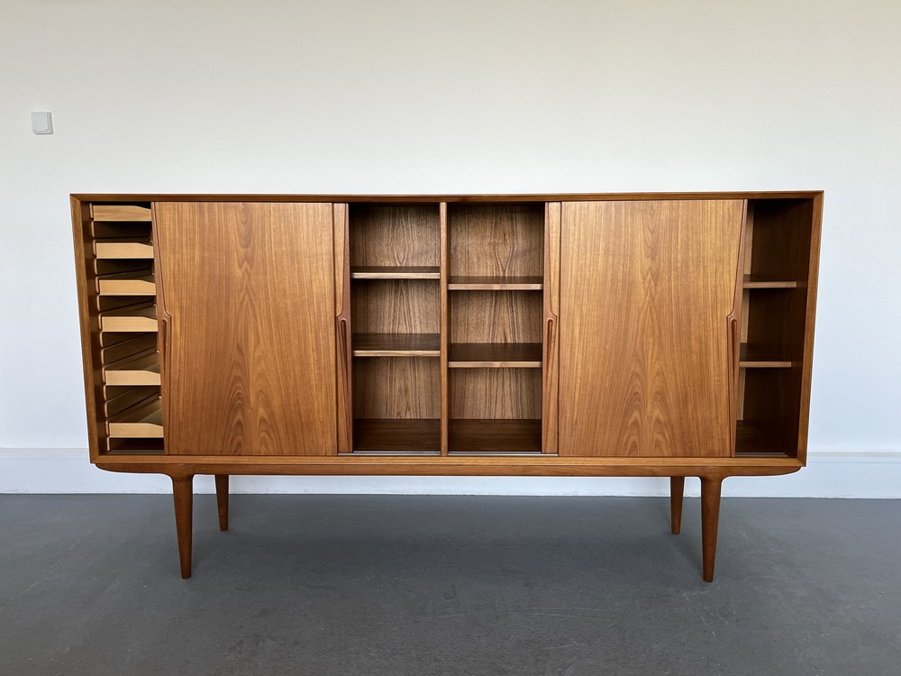 Model 19 High Sideboard in Teak with Sliding Doors by Gunni Omann for ...