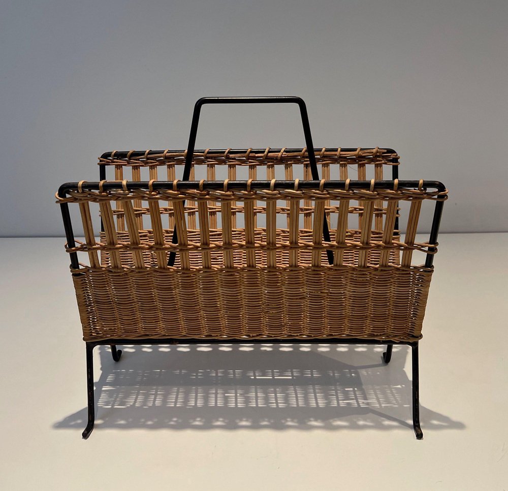 Black Lacquered Metal and Rattan Magazine Racks, 1940s, Set of 2 for ...