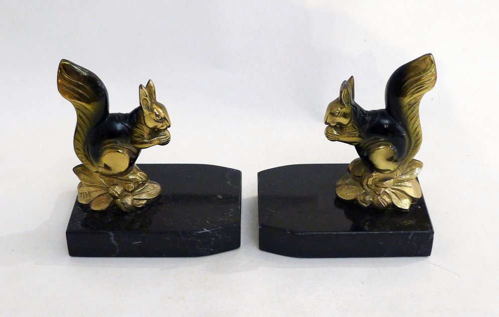 Art Deco Squirrel Sculptures with Black Marble Base by Tedd, 1930s, Set ...