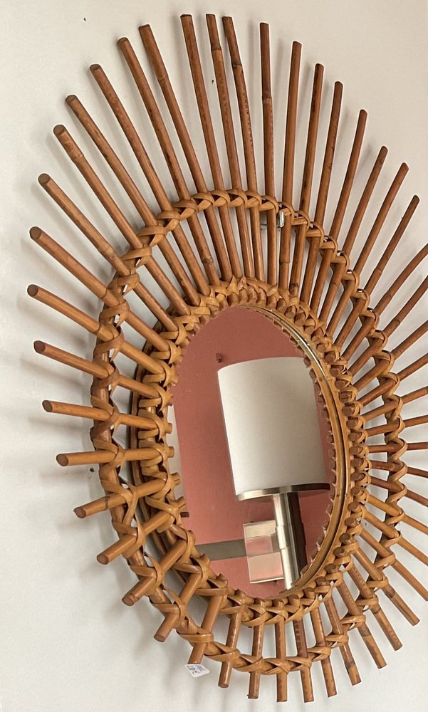 French Rattan Sun Mirror, 1950s for sale at Pamono