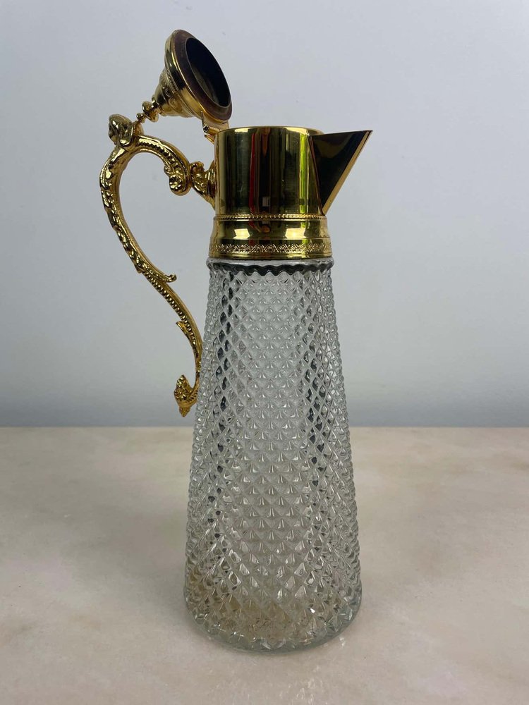 Art Deco Diamond Tip Crystal and Gilt Metal Jug, 1930s for sale at Pamono