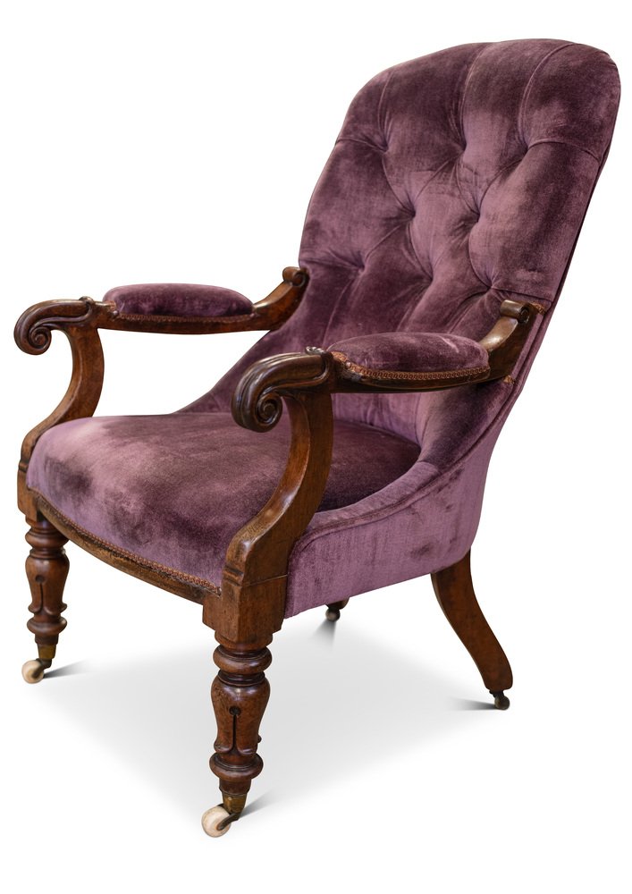 William IV Scroll Arm Button Back Library Armchair in Velvet with ...