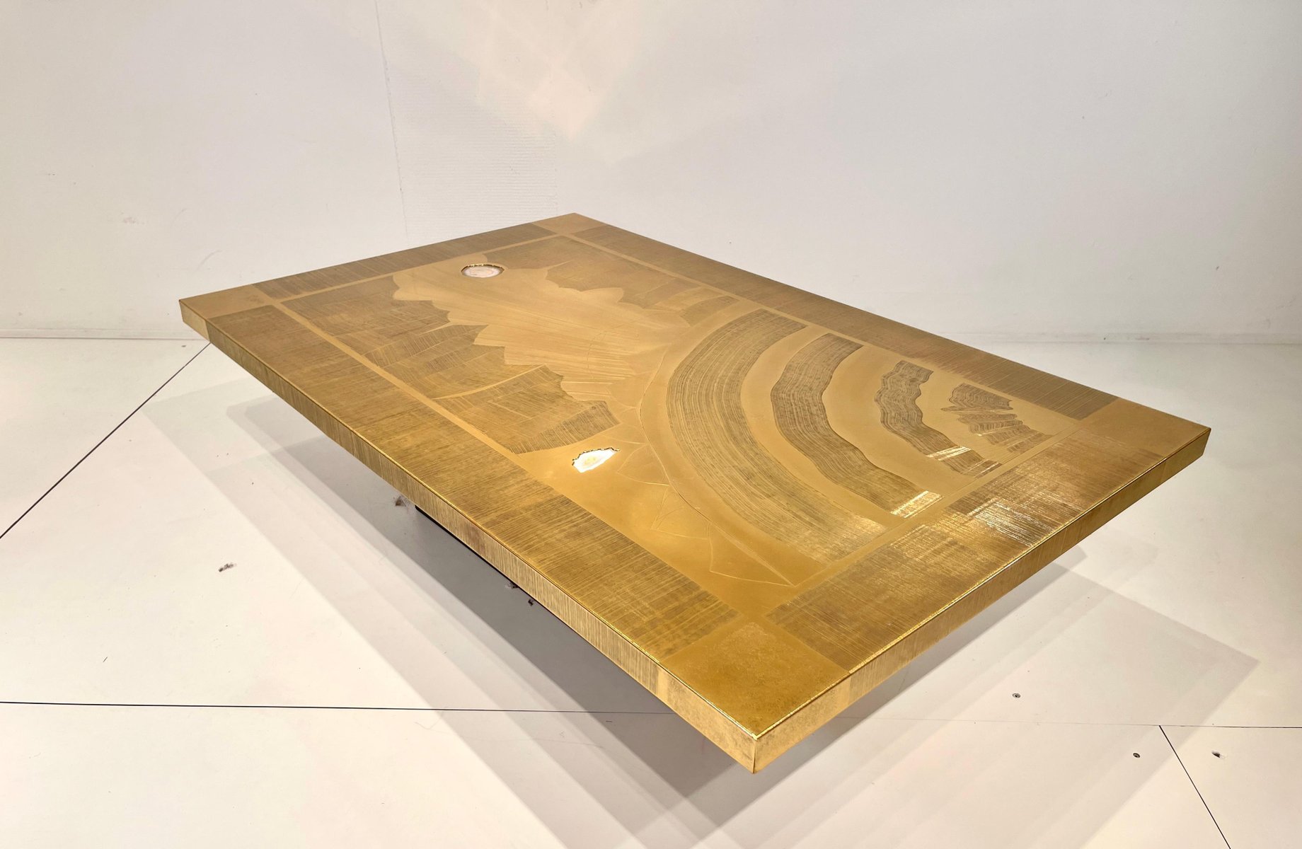 Etched Inlaid Brass Coffee Table with Agate Stone Top by Christian ...