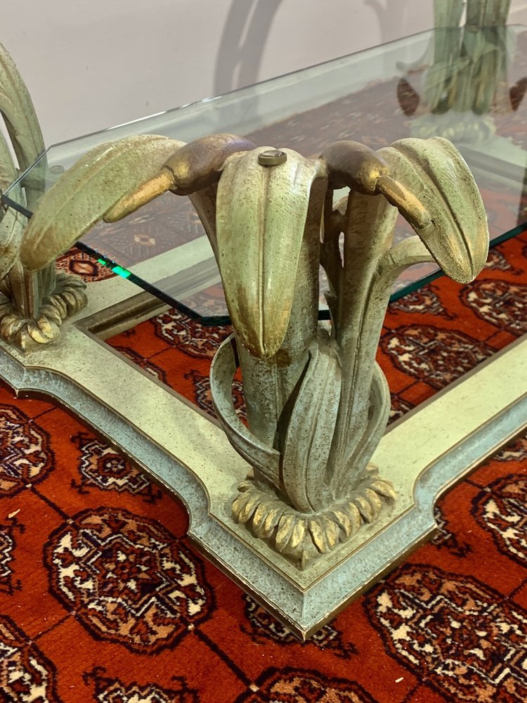 Carved Wood Coffee Table with Reed Decorations & Bevelled Glass Trays ...