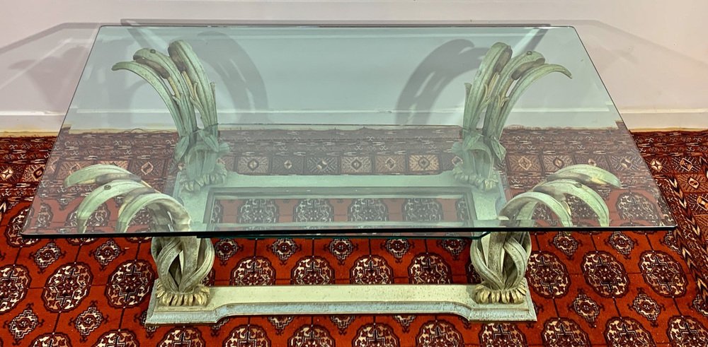Carved Wood Coffee Table with Reed Decorations & Bevelled Glass Trays ...