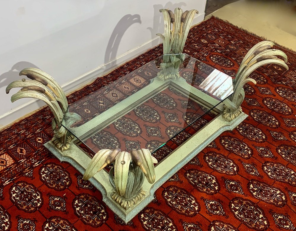 Carved Wood Coffee Table with Reed Decorations & Bevelled Glass Trays ...