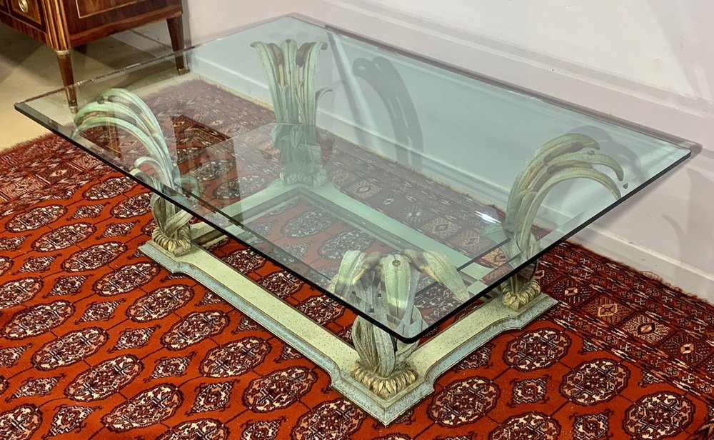 Carved Wood Coffee Table with Reed Decorations & Bevelled Glass Trays ...