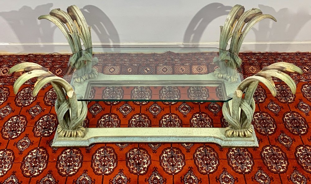 Carved Wood Coffee Table with Reed Decorations & Bevelled Glass Trays ...