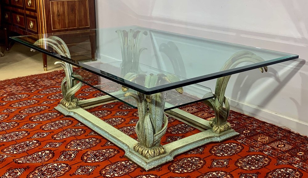 Carved Wood Coffee Table with Reed Decorations & Bevelled Glass Trays ...