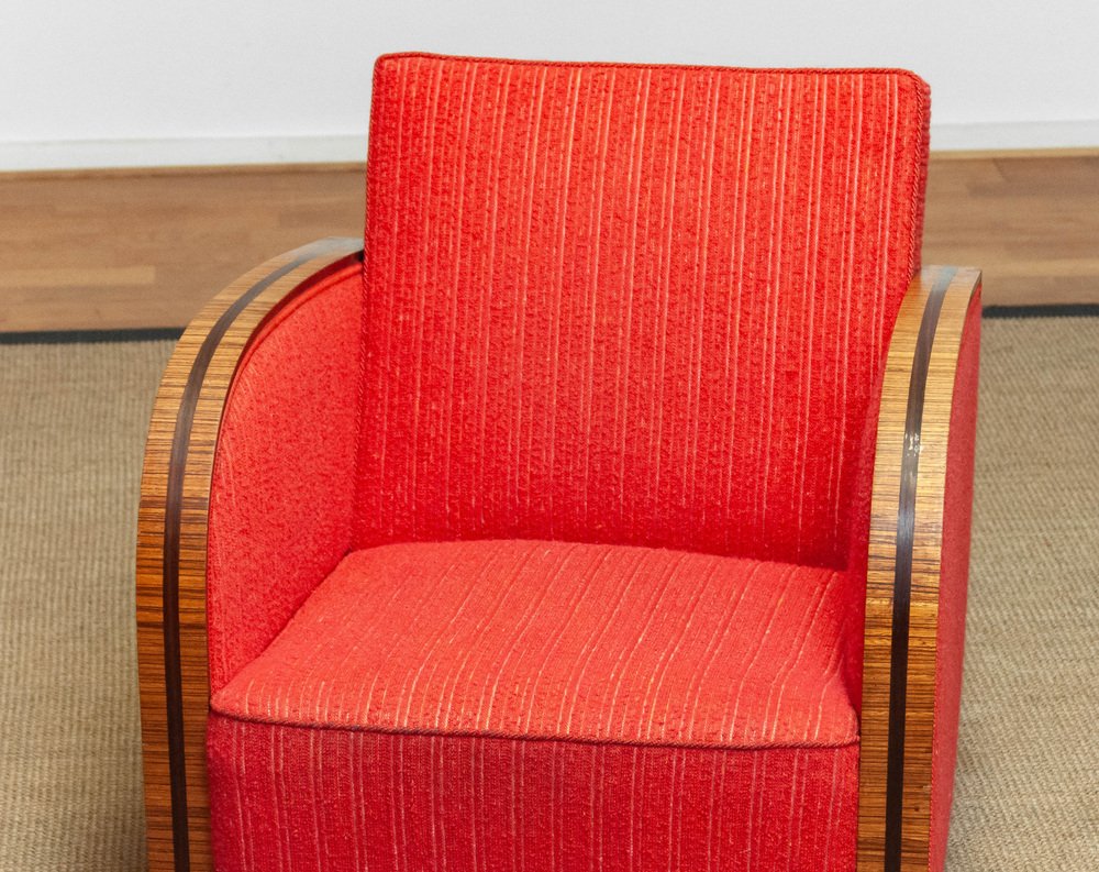 Art Deco Swedish Club Lounge Chair Veneered Armrests and Red Boucle ...