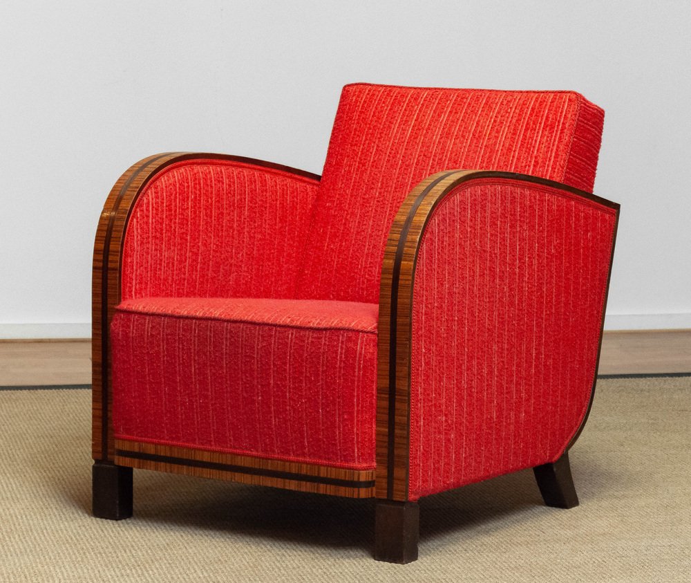 Art Deco Swedish Club Lounge Chair Veneered Armrests and Red Boucle ...