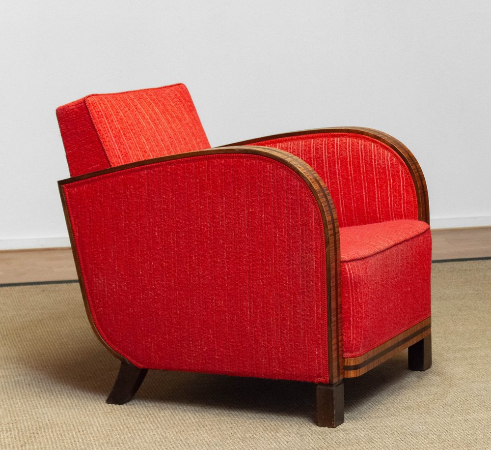 Art Deco Swedish Club Lounge Chair Veneered Armrests and Red Boucle ...