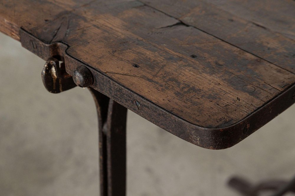 19th Century Iron & Pine Trestle Table, 1890s for sale at Pamono