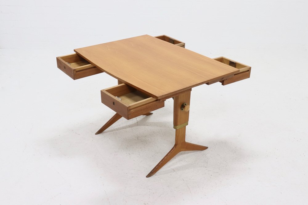Height Adjustable Birch and Brass Partner Desk, 1960s for sale at Pamono