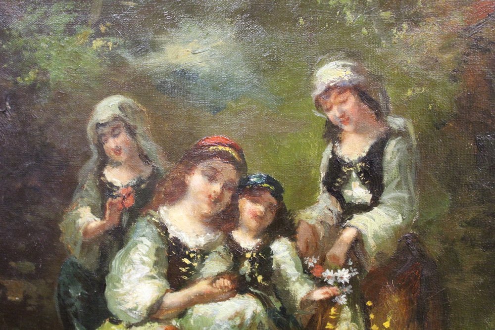 Frédéric Borgella, Young Girls Celebrating Spring, Late 1800s, Oil on ...