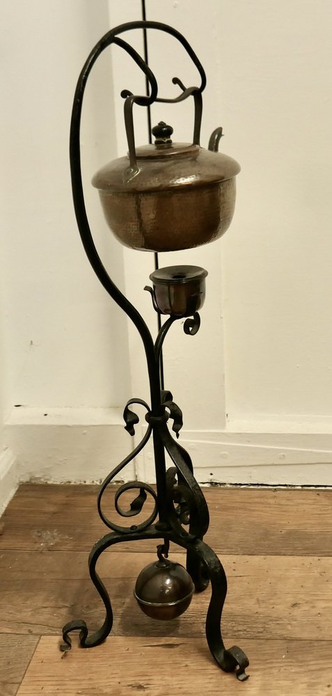 19th Century Copper Swinging Sprit Kettle on a Wrought Iron Stand, Set ...