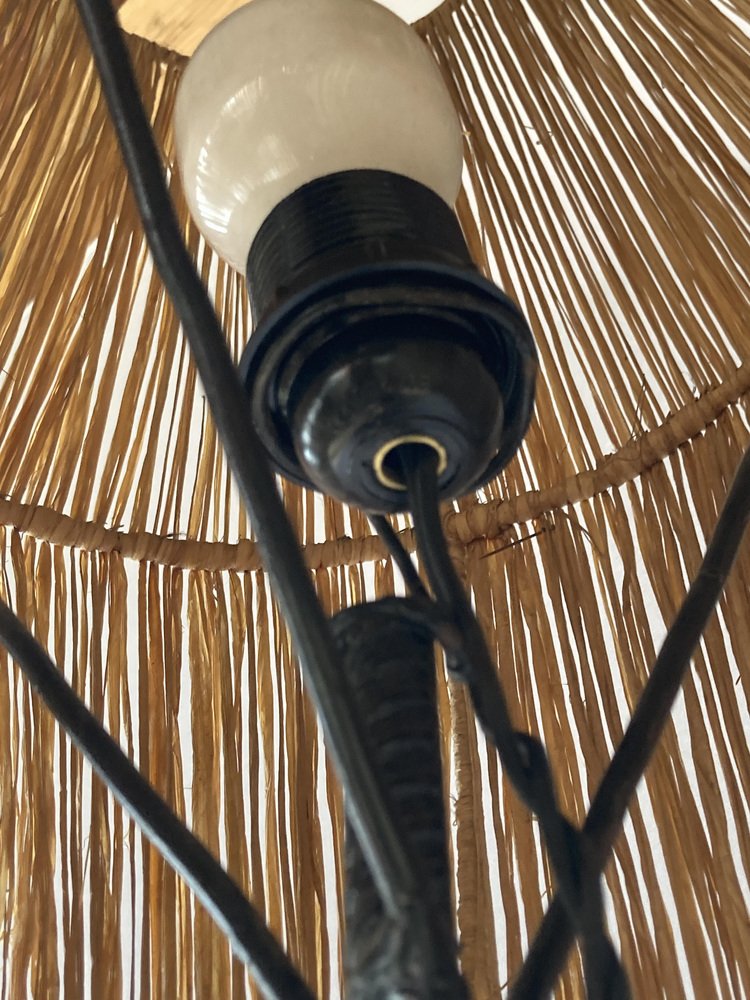 Brutalist Wrought Iron Floor Lamp with Magazine Holder and Sisal Shade ...