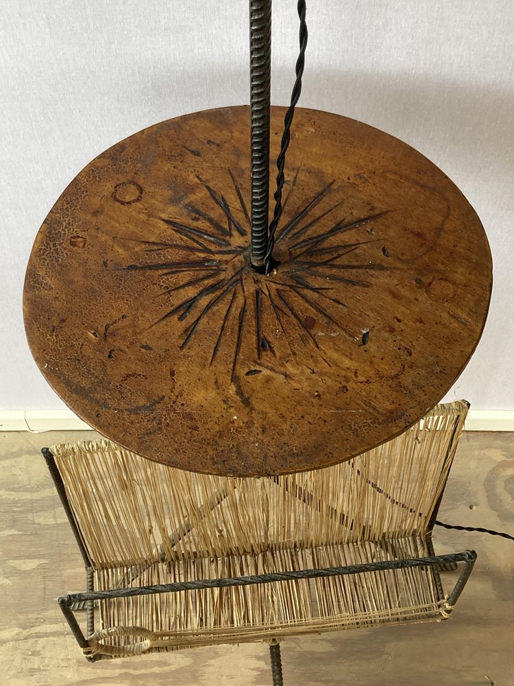 Brutalist Wrought Iron Floor Lamp with Magazine Holder and Sisal Shade ...